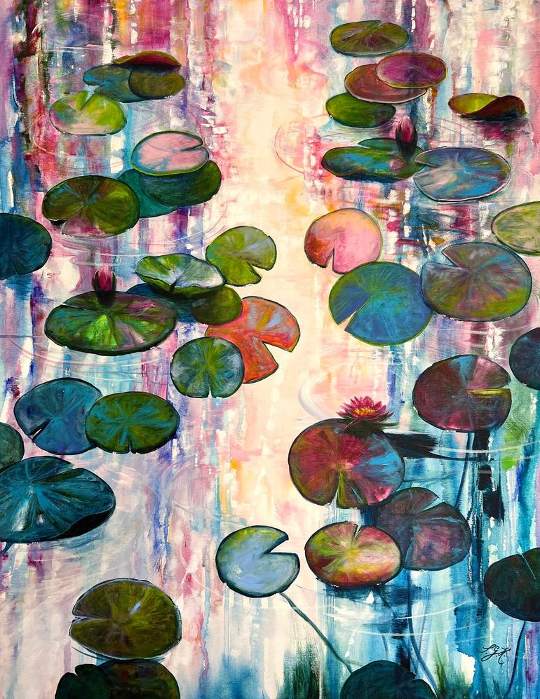 Water Lilies At Sunset 2 Painting by Sandra Gebhardt-Hoepfner | Saatchi Art