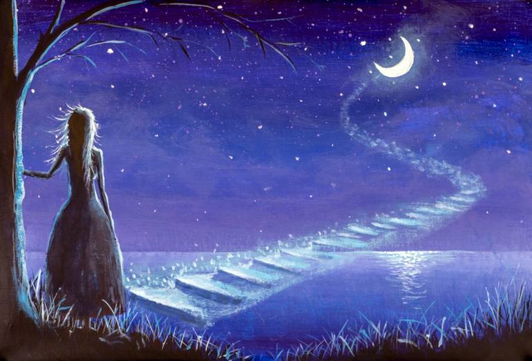 Princess girl climbs magic steps to moon in night seascape Painting by ...