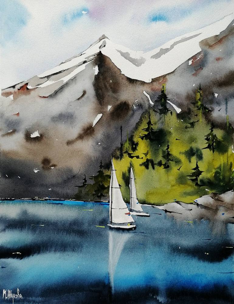 Lake mountain Painting by Marina Zhukova | Saatchi Art