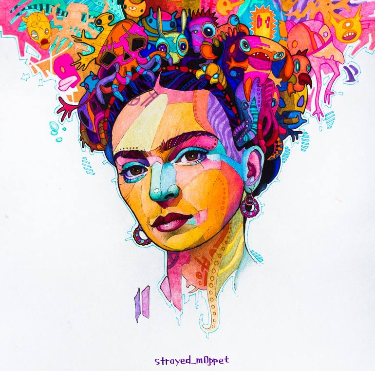 Frida Kahlo and her little monsters Drawing by Mark Kucherov | Saatchi Art