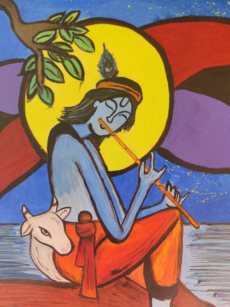 Lord Krishna in abstract form Painting by Art Web | Saatchi Art