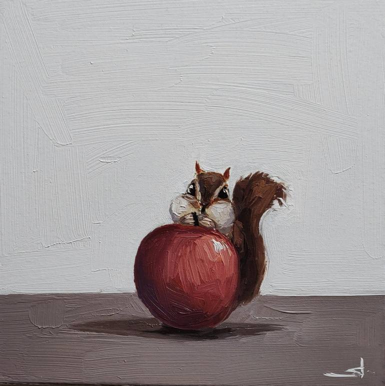 Chipmunk and Apple Painting by Vivek Mandalia | Saatchi Art