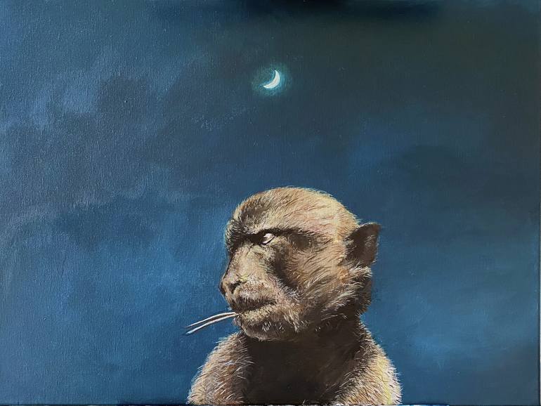 Moon and monkey Painting by Zitian Zhou | Saatchi Art