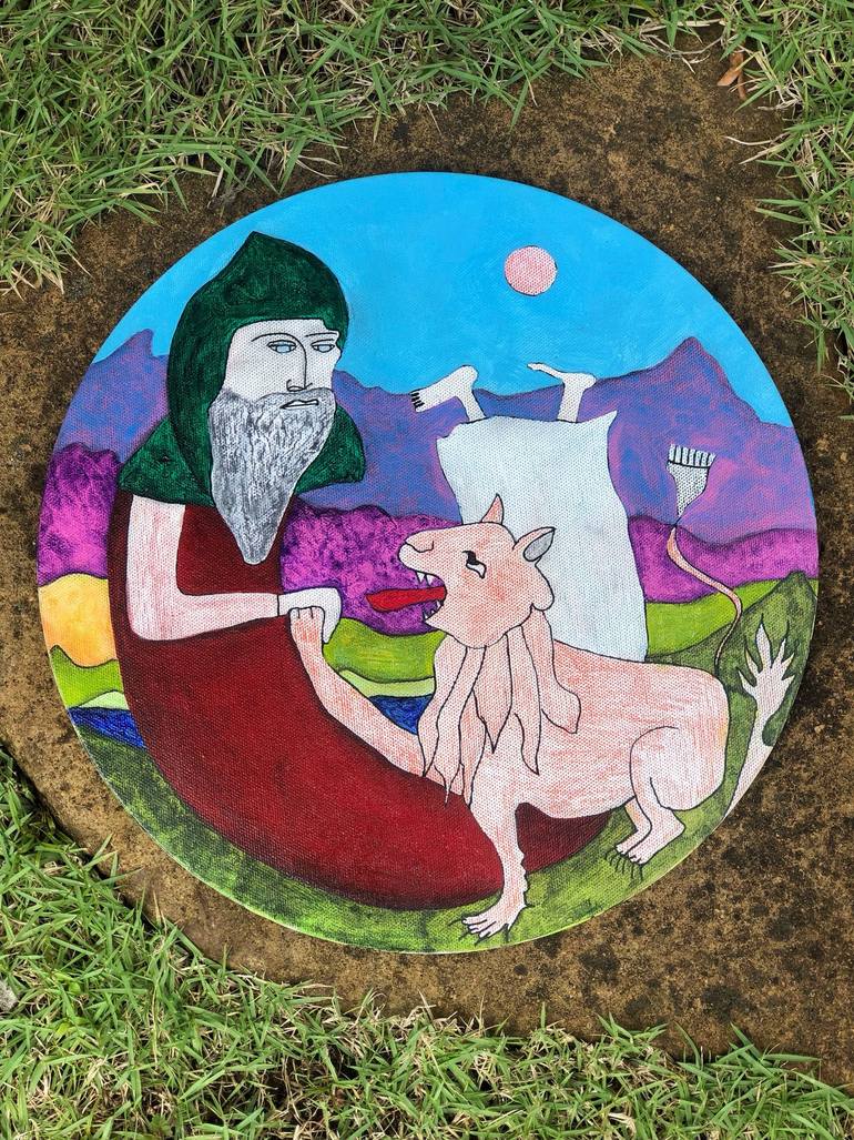 Monk and his faithful lion Painting by Uliana Fandera | Saatchi Art