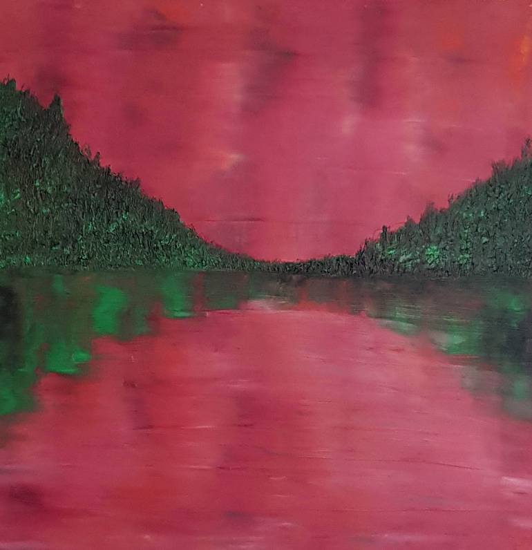 Sunset at the childhood lake Painting by Raimundas Sarka | Saatchi Art