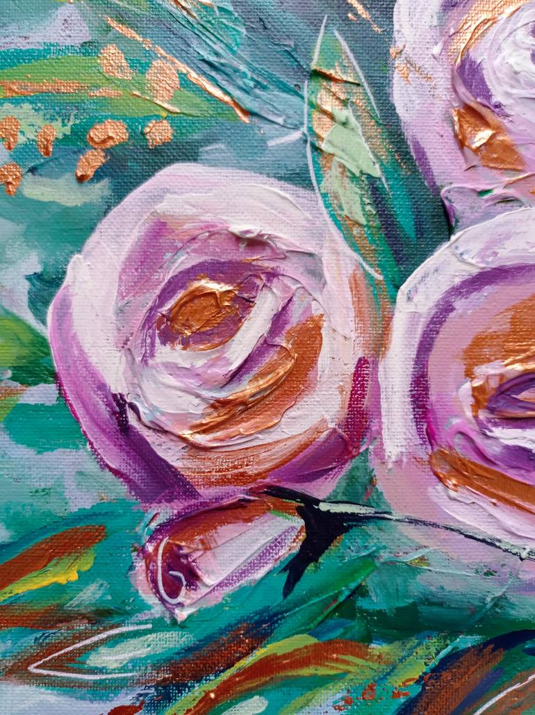 Pastel Roses With Gold Painting by Anastasiia Sutula | Saatchi Art