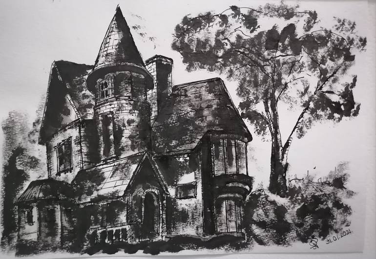 Black Castle Drawing by Oleg Stasenko | Saatchi Art