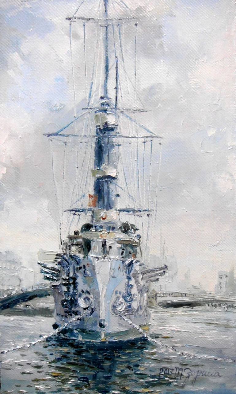 Original verticalgrey oil painting with ship. Cruiser artwork. Marine ...