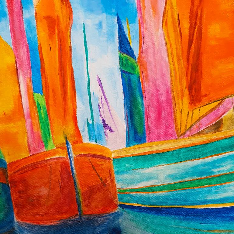 Colors Boats, oil on canvas Painting by Maria Sabrina Viviani | Saatchi Art