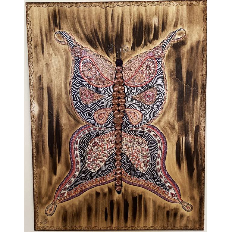 Butterfly painted on wood with pointillism technique Painting by Monica ...