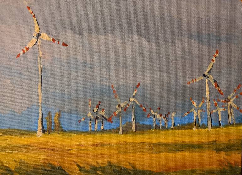 Windmills before the storm under the sunset´s rays Painting by Mary B ...