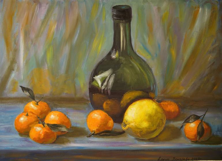 Oil Red Background Fruits on the Table Still-Life Oil painting Fruits ...