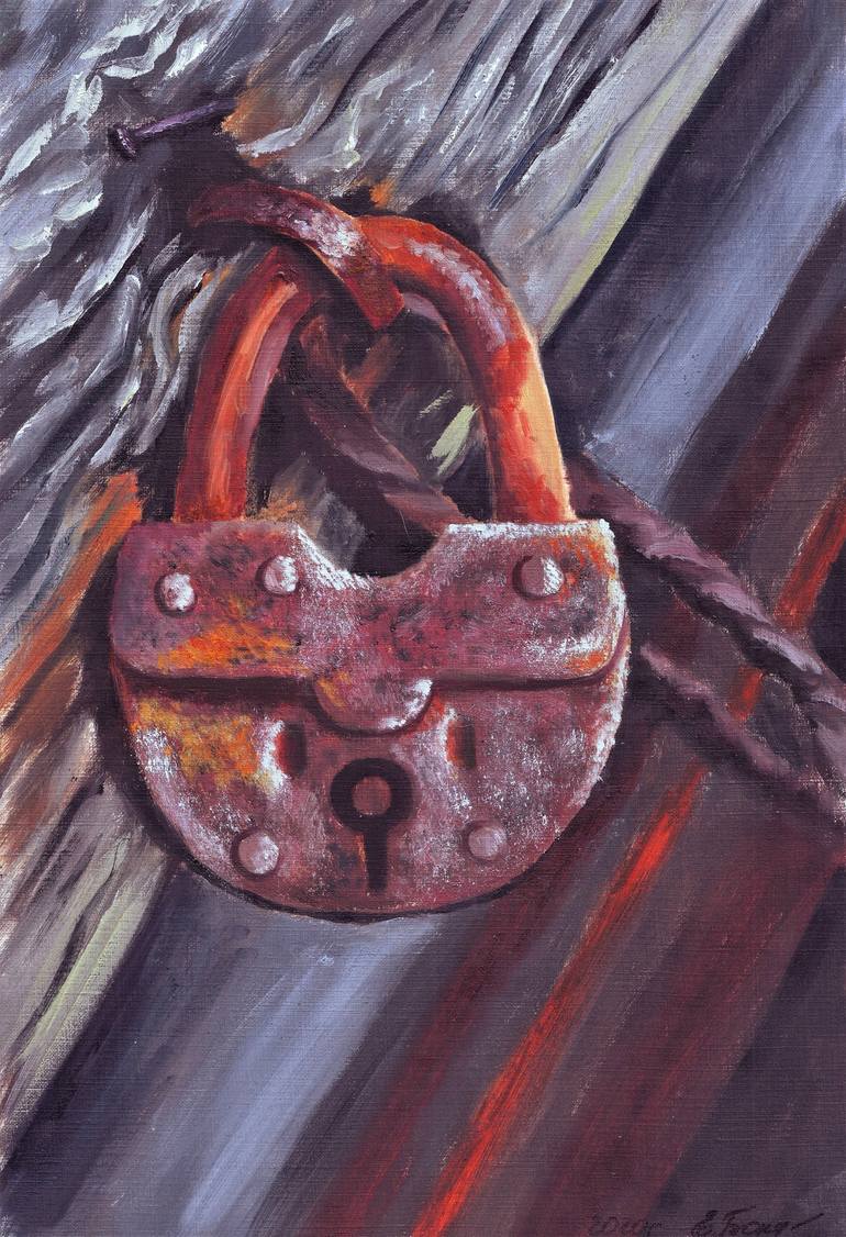 Padlock-rusty padlock on a wooden door, oil painting on paper. Painting ...