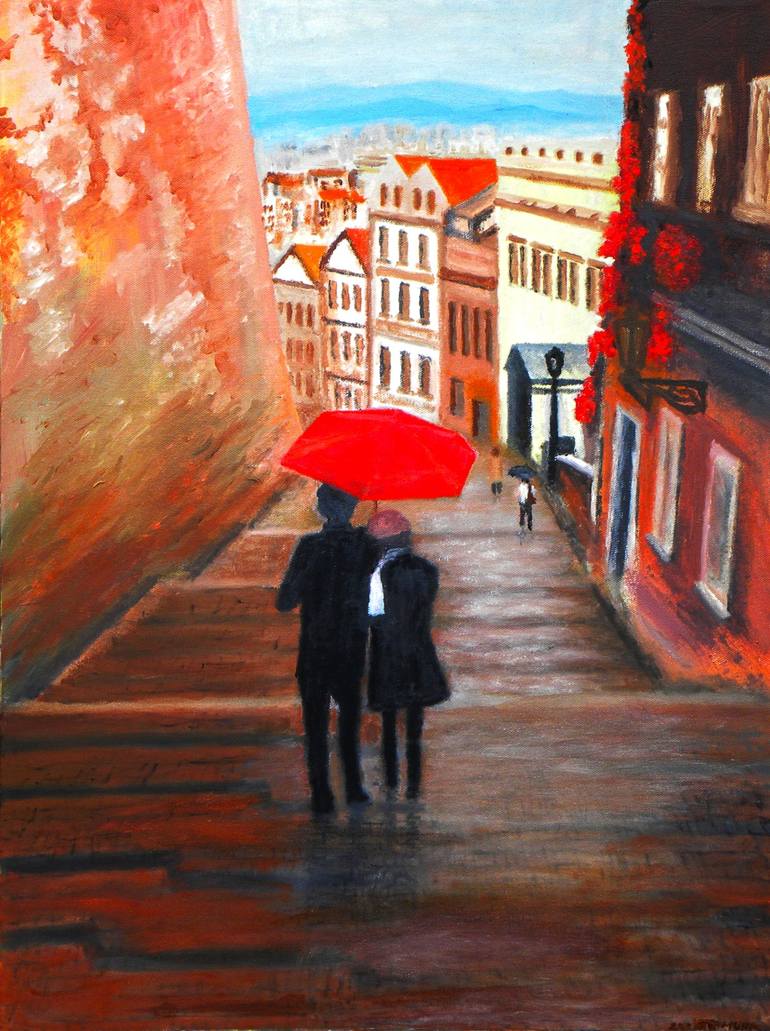 Red Umbrella Rainy Cityscape Painting by Thomas Tamura | Saatchi Art