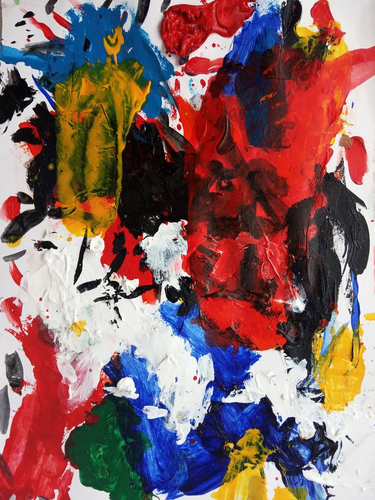 Abstract non-figurative composition in black, yellow, red and blue ...