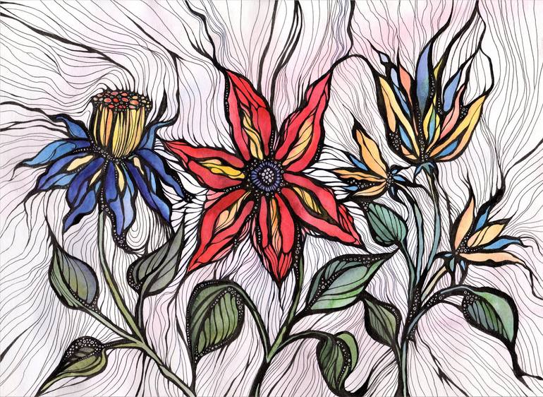 Fantastic multicolored flowers. Graphic drawing. Drawing by Olirina Art ...