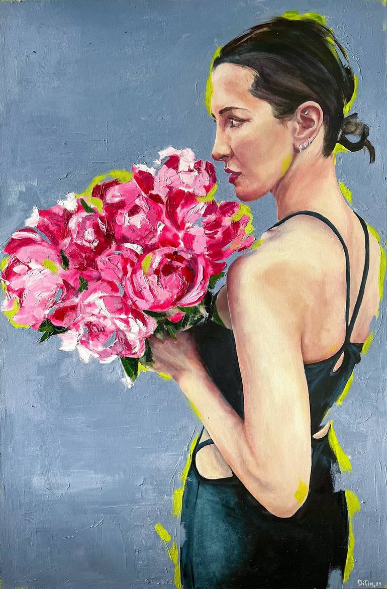 Lovely women with magenta peonies, oil painting size 120 x 80 Painting ...