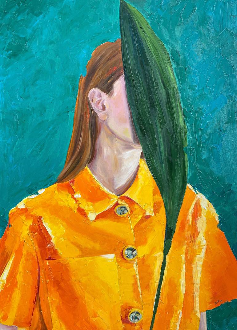 Bright oil painting Girl with closed face size 110х80 Painting by Diana ...
