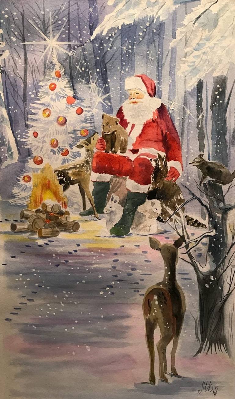Santa Claus in the forest with animals. Drawing by Mariia Kostyria ...
