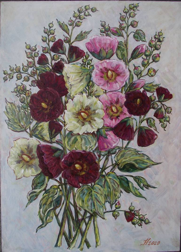 Mallow bouquet. Painting by Valentin Negresko | Saatchi Art
