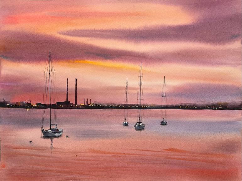Poolbeg Chimneys at Sunset Painting by Maria Chandy | Saatchi Art
