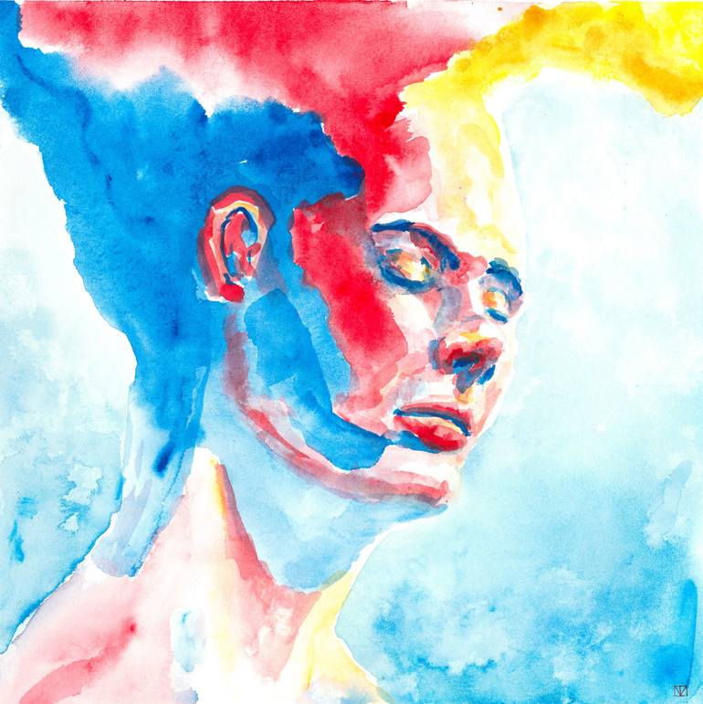 Watercolor woman portrait. Expressionism art. 9.7x9.7x0.1 inc/ 24.8x24 ...