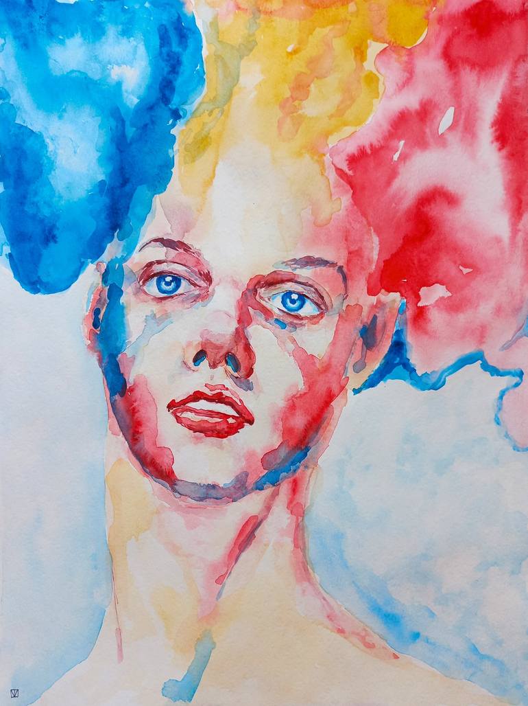 Watercolor woman portrait. Abstract fem art. 16x12 inc/40x30cm Painting ...