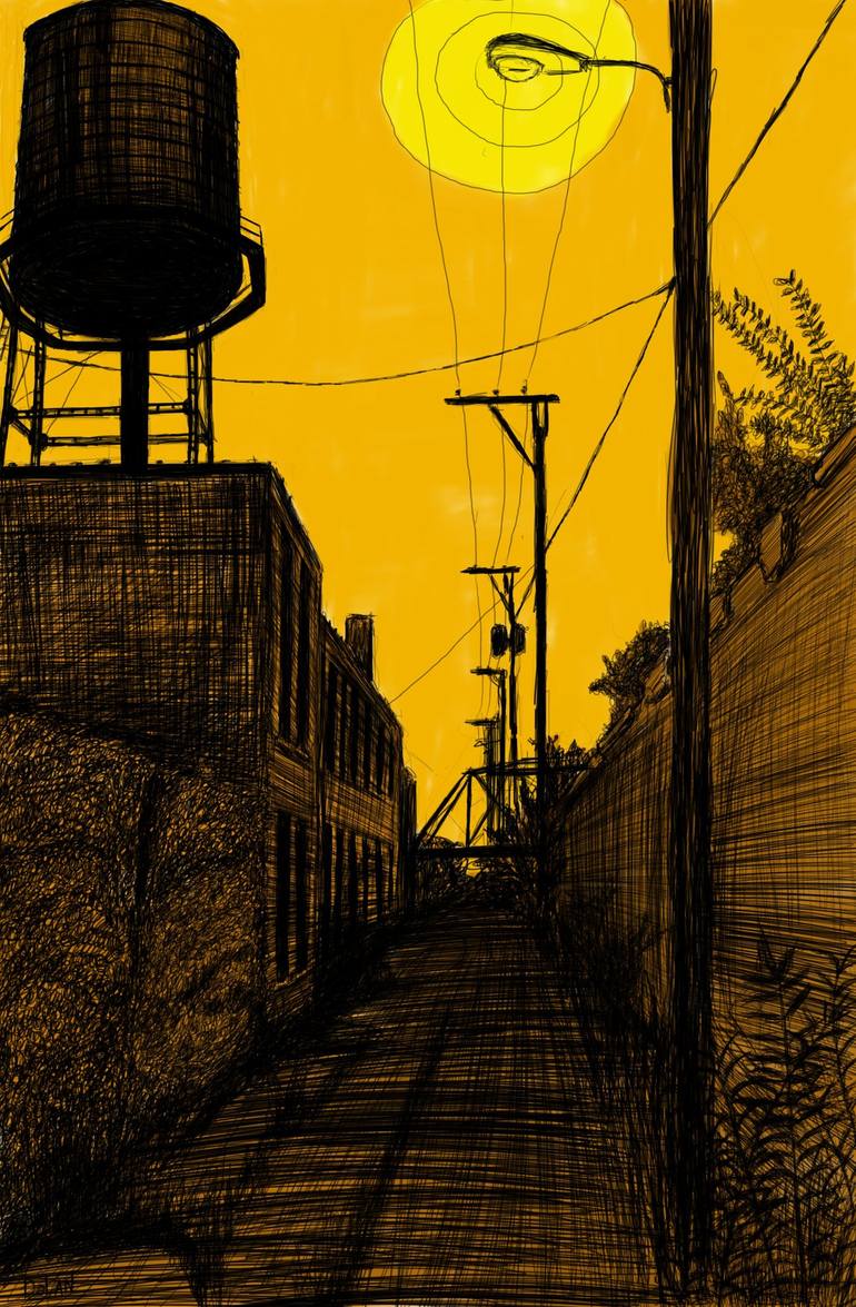 Alley Study 15 with Water Tower Mixed Media by William Dolan | Saatchi Art