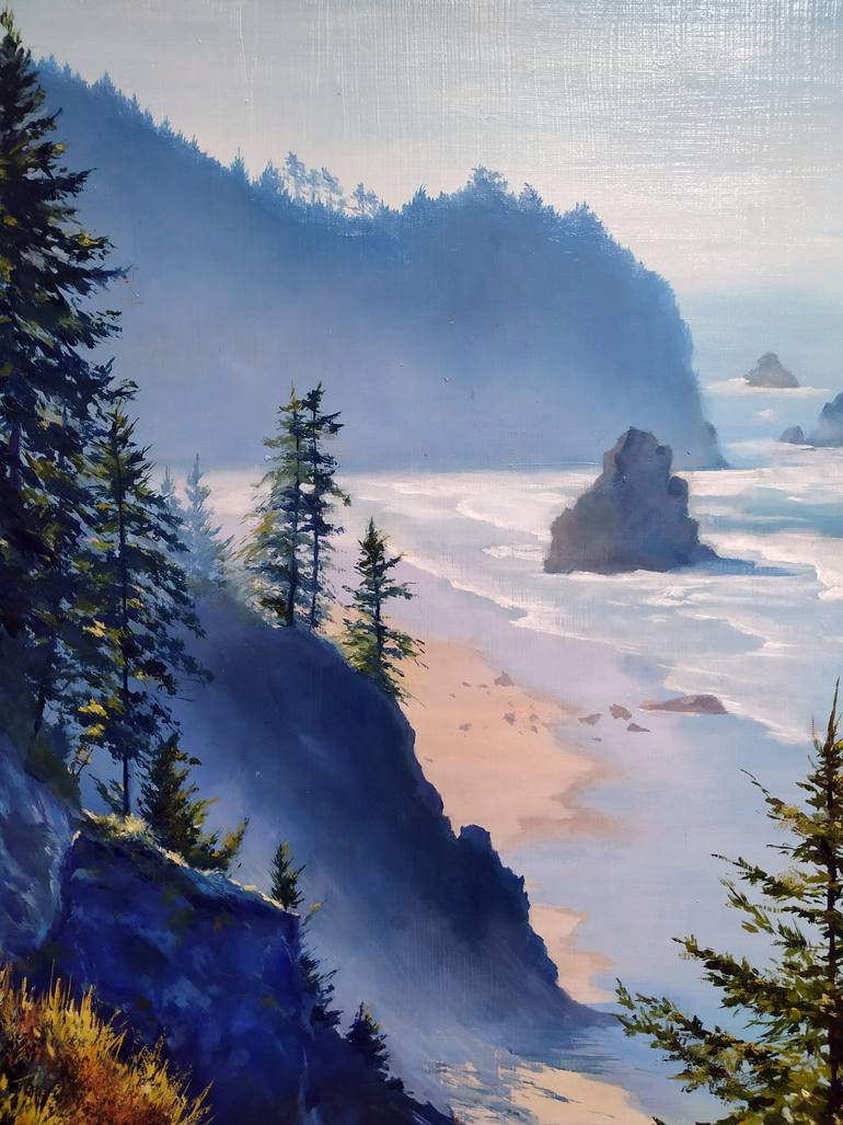 Blue cliffs - original oil painting, seascape, beach, water, blue ...