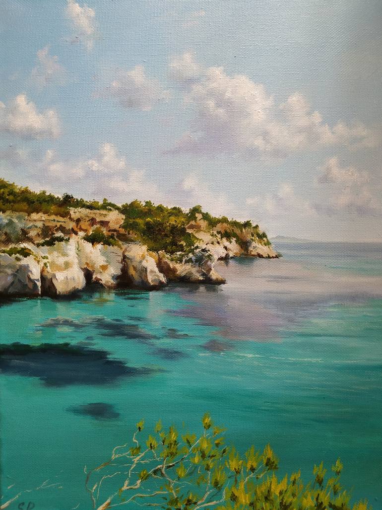Turquoise blue sea - original oil painting, cliffs, seascape, sea ...