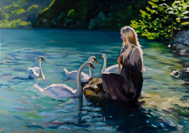 Serenity Among Swans Painting by Romain Eugene | Saatchi Art