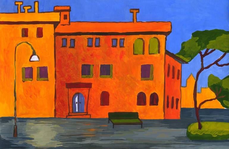 Big orange house Drawing by Elena Kuznetsova | Saatchi Art