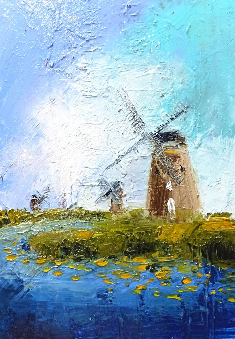Windmill painting Seascape painting Seascape original art Windmill ...