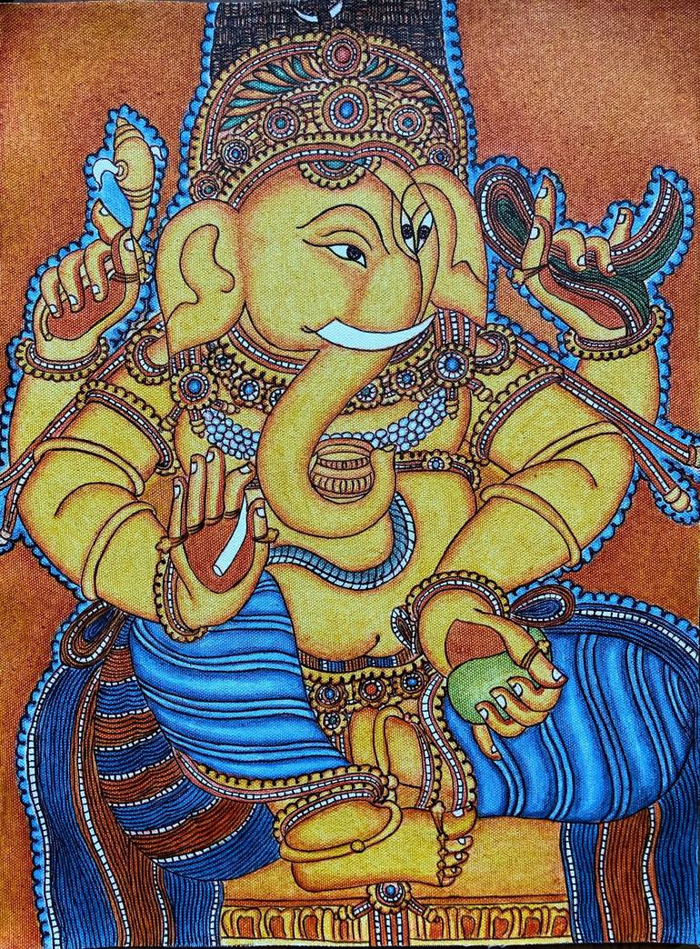 Lord Ganesha Kerala Mural Painting Painting by Syama Baburaj | Saatchi Art