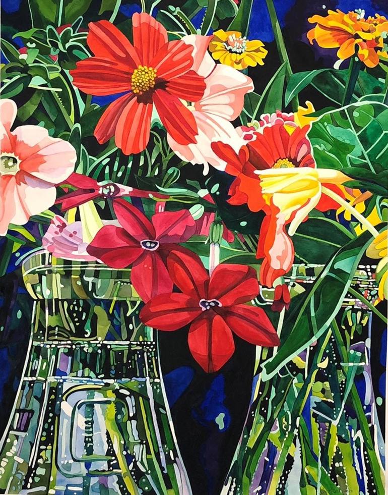 Cut Flowers, Two Glass Vases Painting by Matt Barba | Saatchi Art