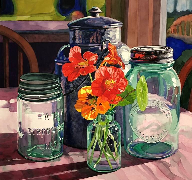 Three Glass Jars, Nasturtiums & Sugar Tin Painting by Matt Barba ...