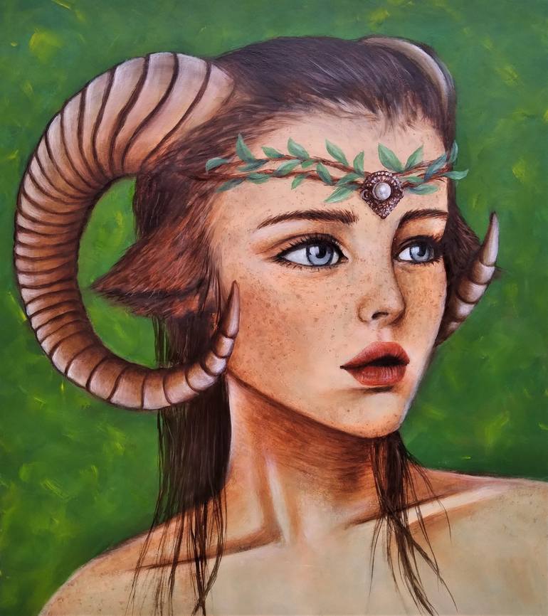 FAUN - fantasy, mythology, beautiful girl, wreath, gray eyes, horns ...