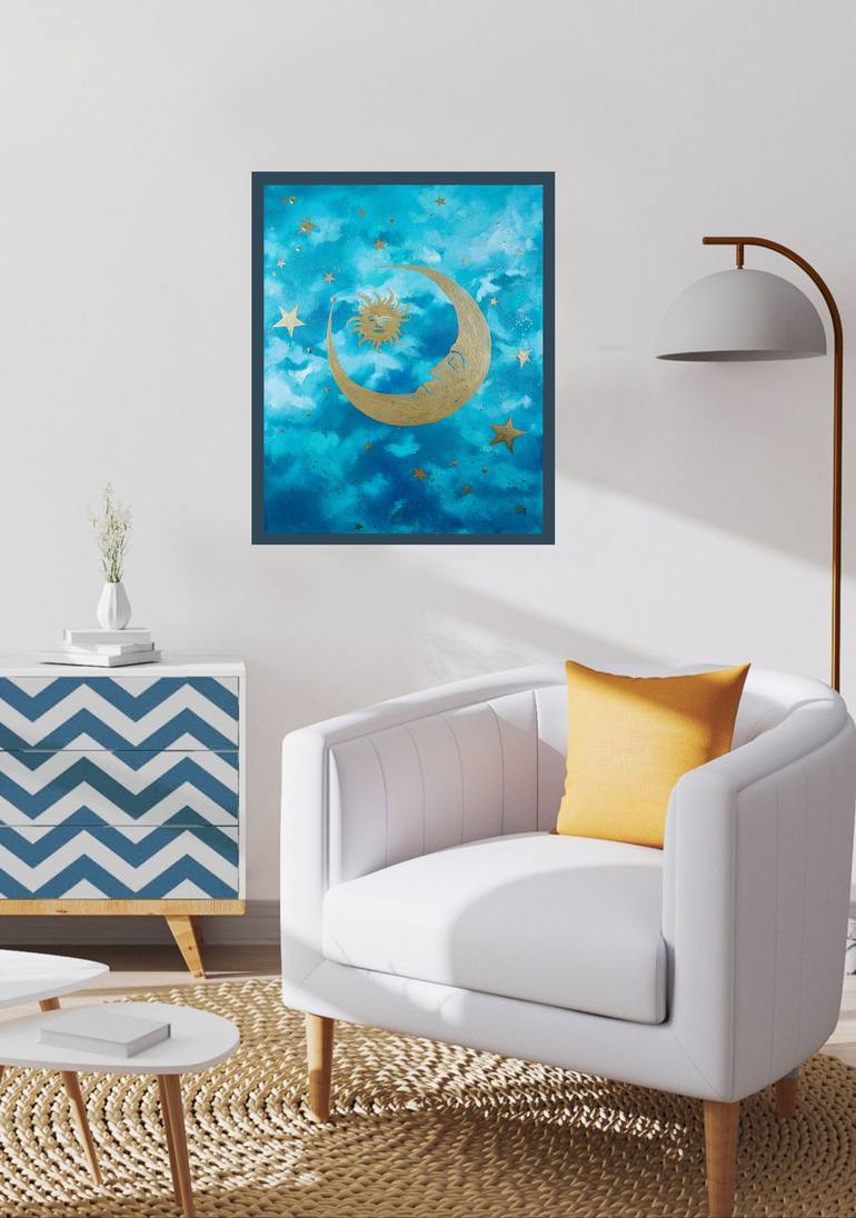Silent night - stars sun moon space blue GIFT Painting by Maria ...
