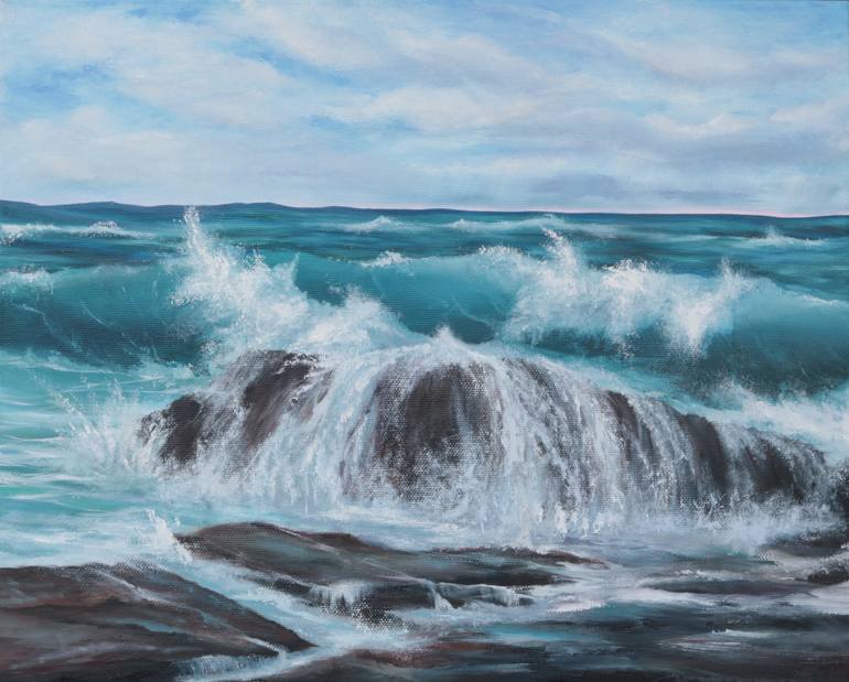 Waves crash on stones - stormy seascape, oil painting, turquoise wave ...