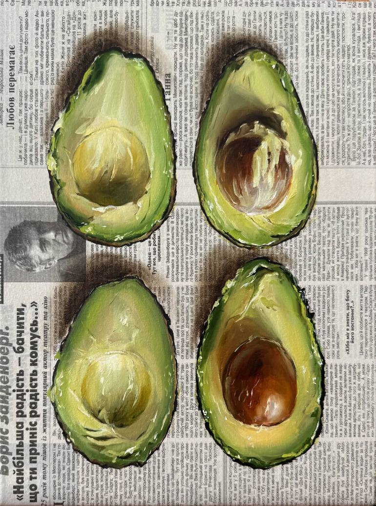 Avocados on Newspaper Painting by Juli Stankevych | Saatchi Art