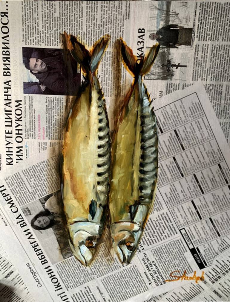 Fish on newspaper Painting by Juli Stankevych | Saatchi Art