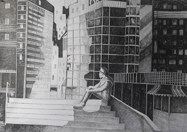 Evening in a modern city Drawing by Bykova Tatiana | Saatchi Art
