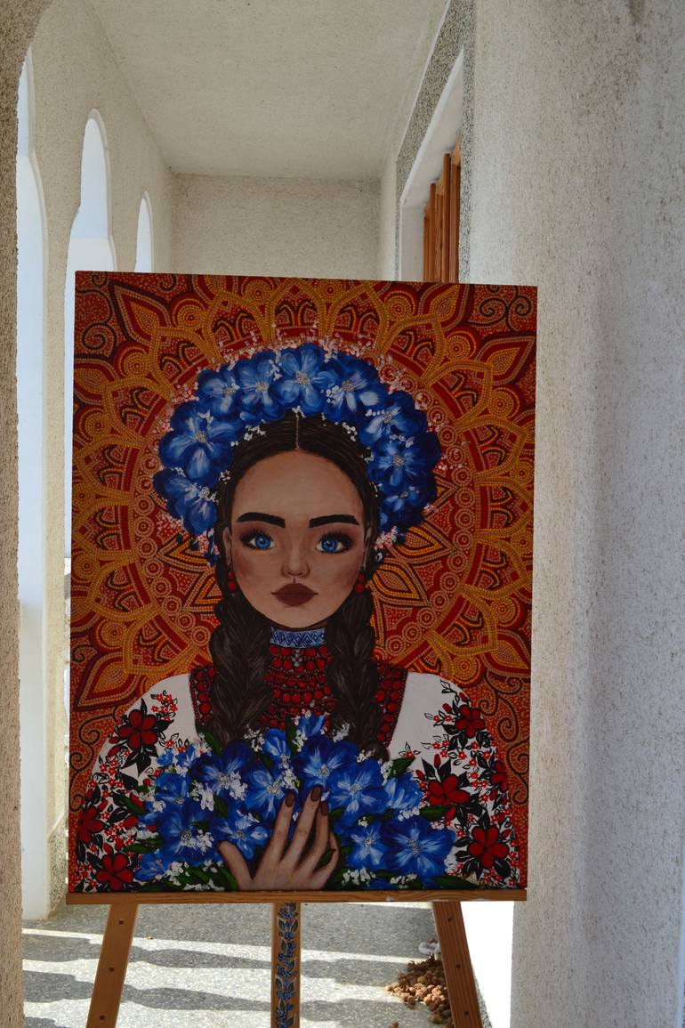 Ukraine Girl on red Painting by Kris Krissty | Saatchi Art