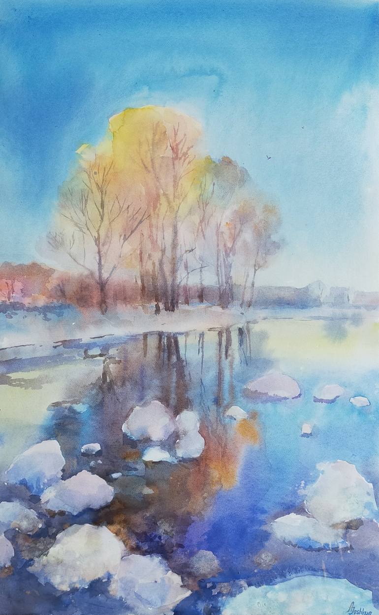 Landscape with winter river and yellow trees watercolor painting ...