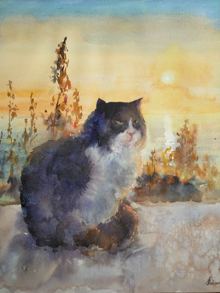 Fluffy cat on the shore of the Bosphorus in Istanbul Painting by ...
