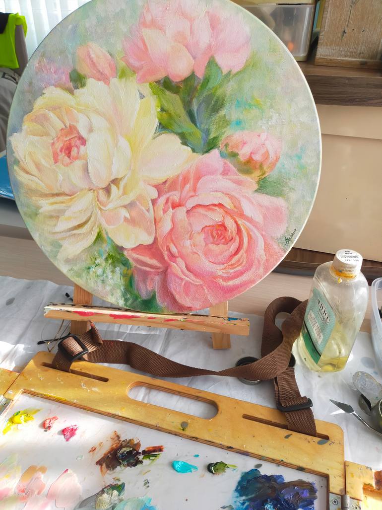 Pink Peonies Round Oil Painting on Canvas, Flower Painting Painting by ...