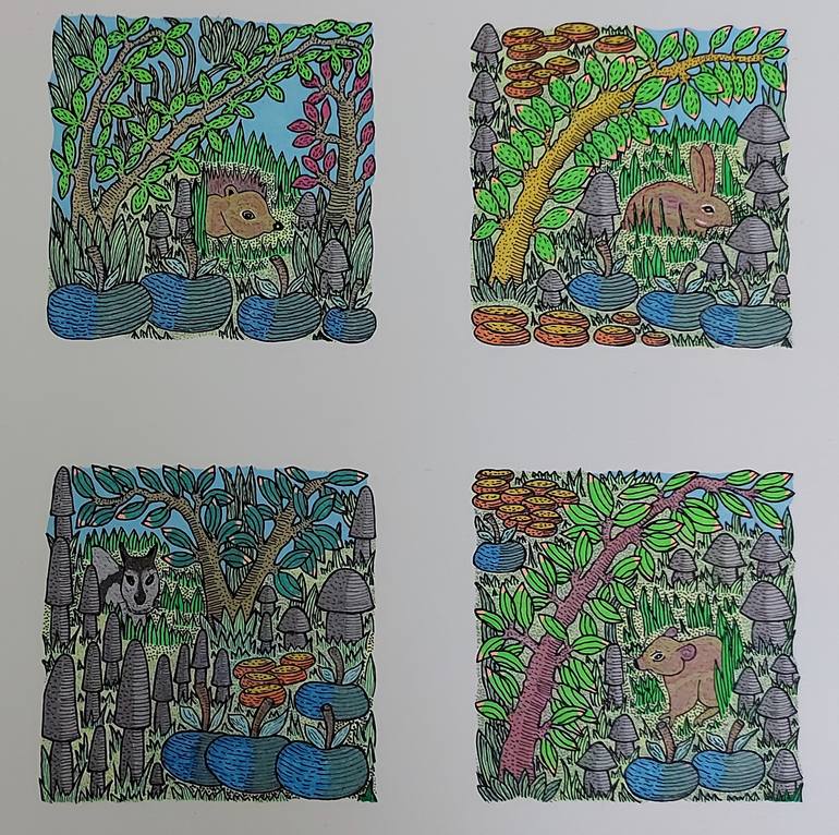 Six animals in the forest Drawing by Alastair Irvine | Saatchi Art