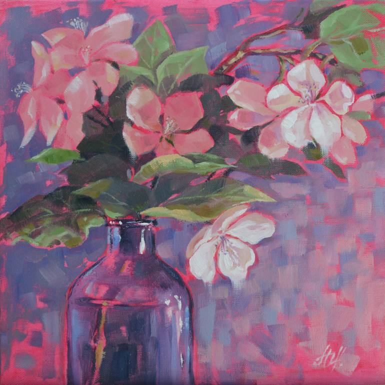 “White flowers”- 20x20 cm, oil painting on canvas, flower blossom ...