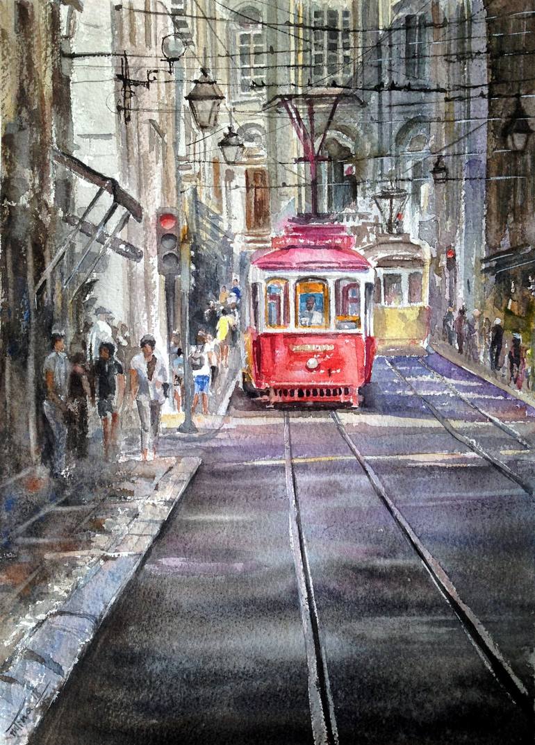 The red tram Painting by Alevtina Mulyukova | Saatchi Art