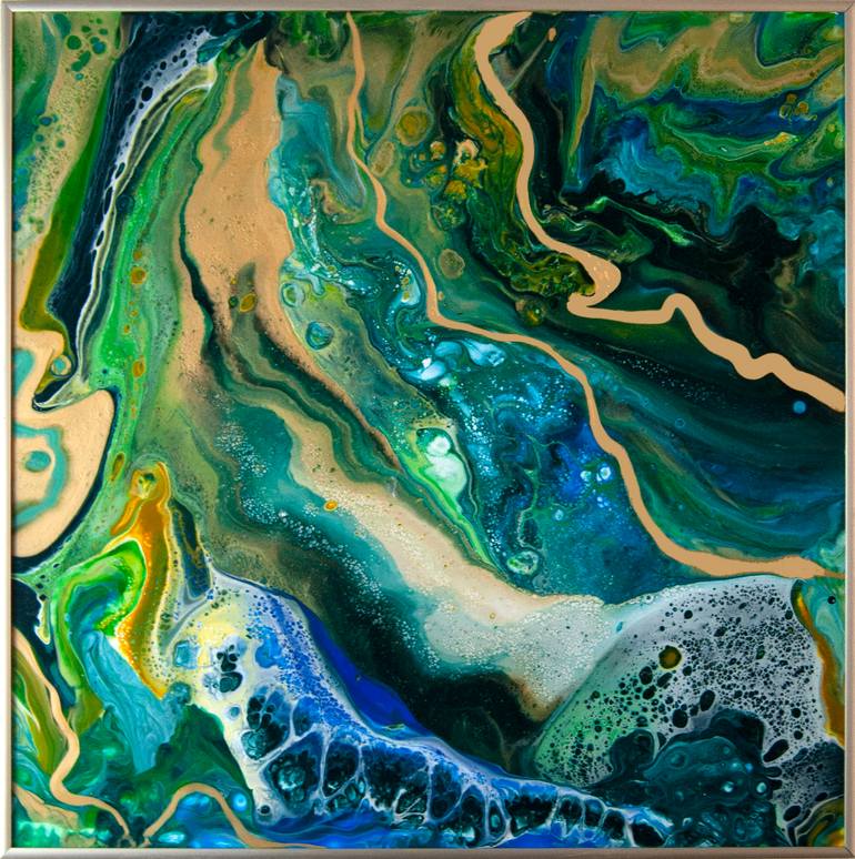 Natural abstract waterfall art for interior in green and blue colours ...